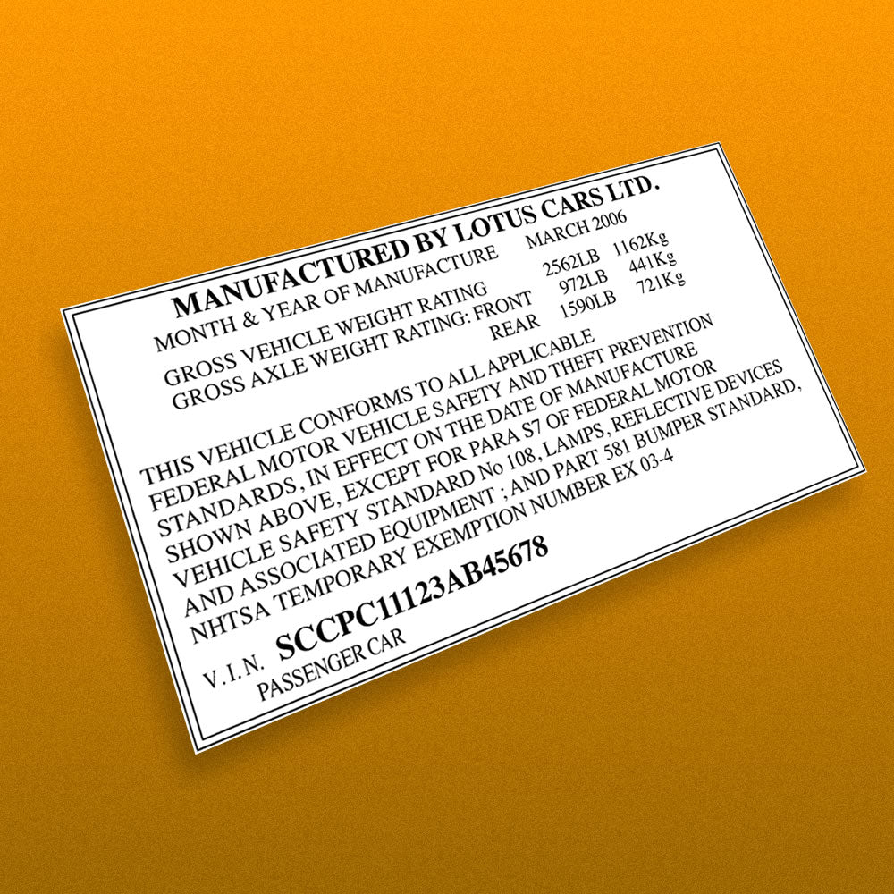 Federal Certification/VIN label - Elise/Exige S2 - fully customisable ...